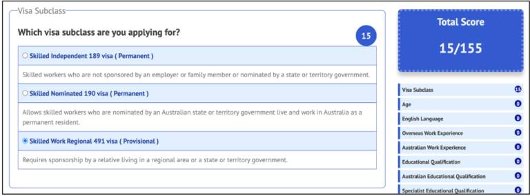 Australia PR Points Table for 189, 190 and 491 visa